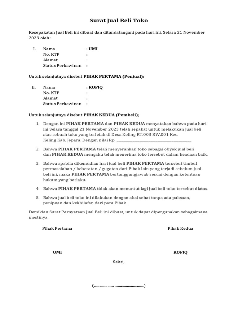 Contoh Surat Jual Beli Ruko | PDF | Hukum