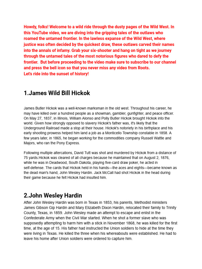 TOP 10 DEADLIEST Gunslingers in The History of OLD WEST (Part 1) | PDF | American Frontier ...