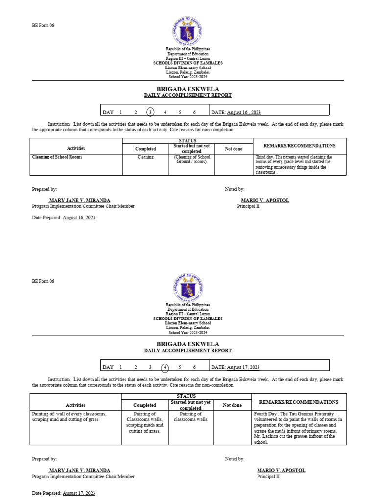 BE Form 6 DAILY ACCOMPLISHMENT REPORT 4 Day 3 and 5 | PDF | Philippines | Student Organizations