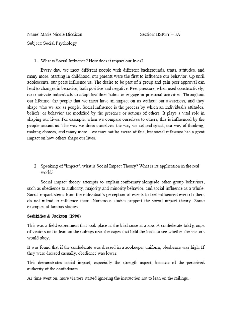 Social Psychology-Act 1-Social Influence | PDF | Obedience (Human ...