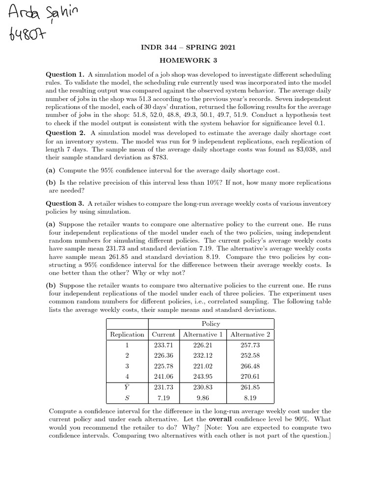 Indr 344 - HW3 | PDF | Confidence Interval | Standard Deviation