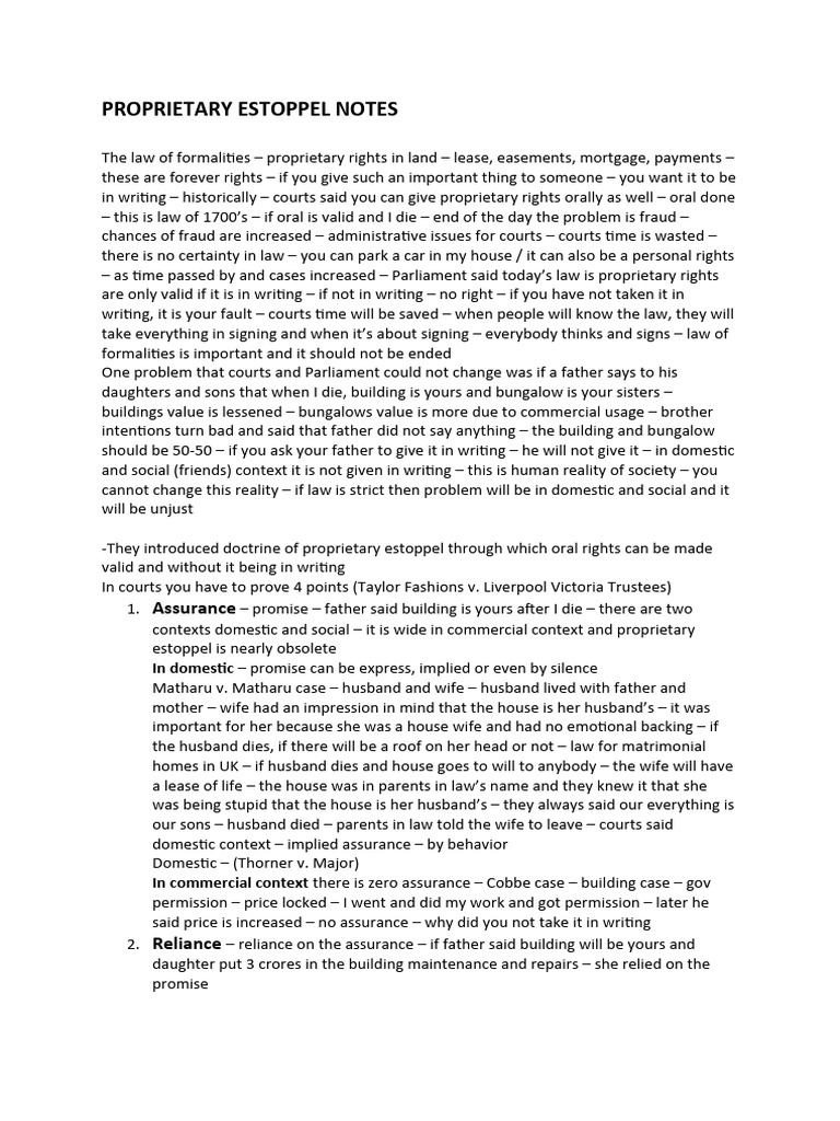 Proprietary Estoppel Notes | PDF | Estoppel | Civil Law (Common Law)