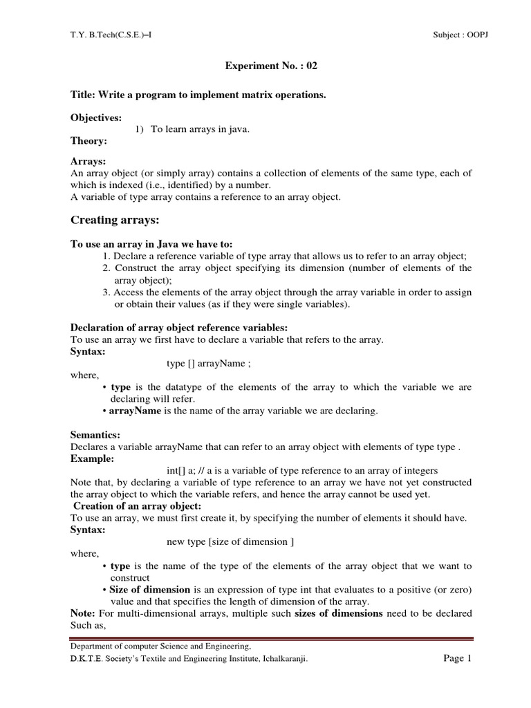 Creating Arrays:: T.Y. B.Tech (C.S.E.) - I Subject: OOPJ | PDF | Variable (Computer Science ...