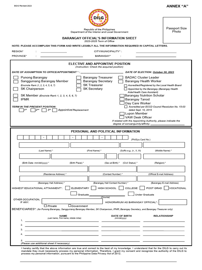 Annex A BOIS Form Revised 2023 | PDF