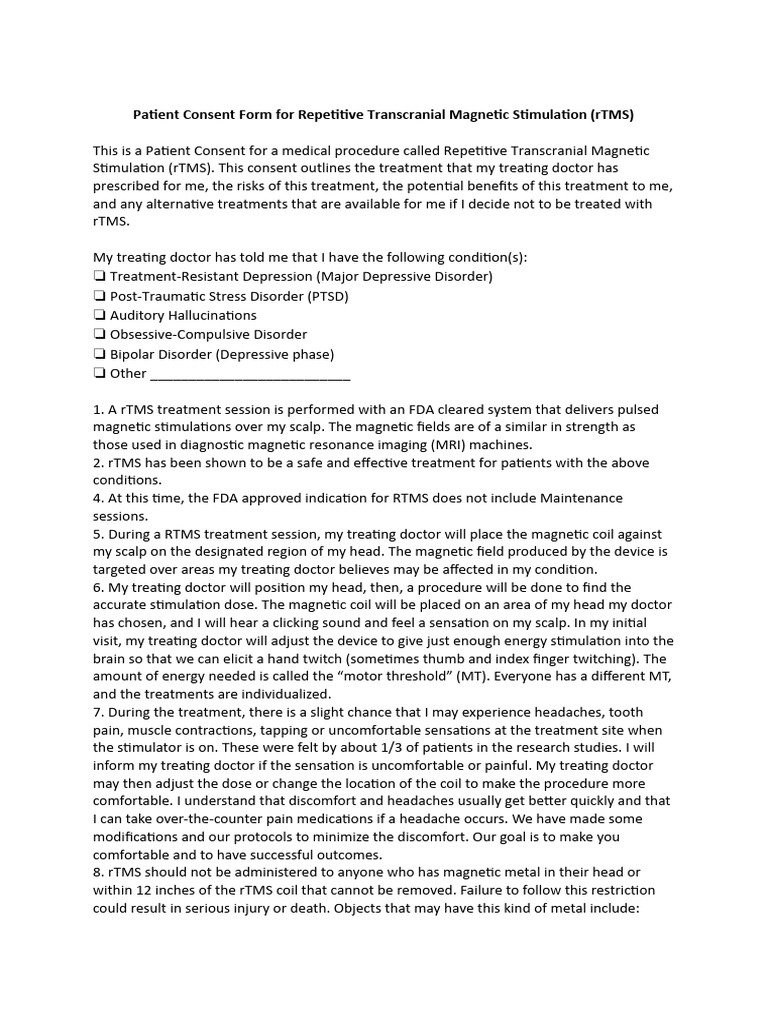 RTMS Consent Form | Download Free PDF | Mental Health | Causes Of Death