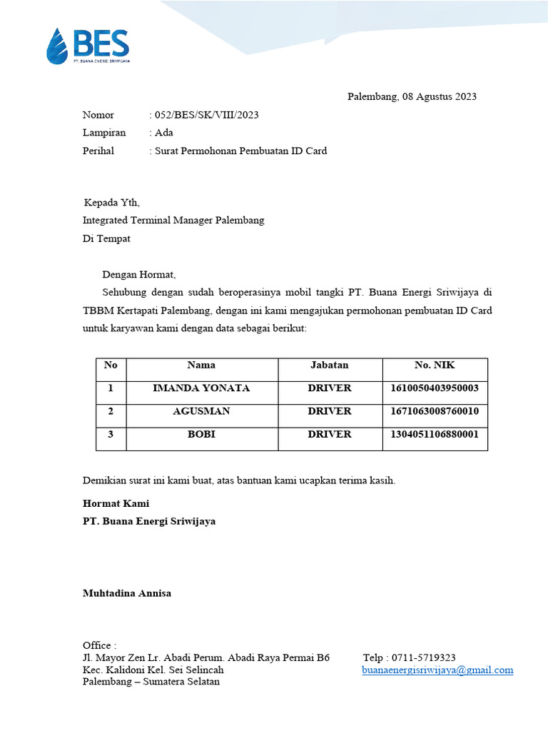Surat Permohonan Pembuatan Id Card | PDF