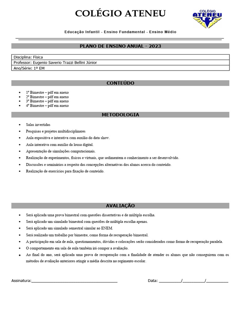 PLANO DE ENSINO ANUAL 2023 - 1col (Capa) | PDF