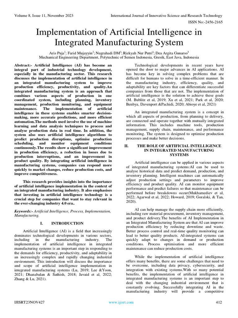 Implementation of Artificial Intelligence in Integrated Manufacturing ...