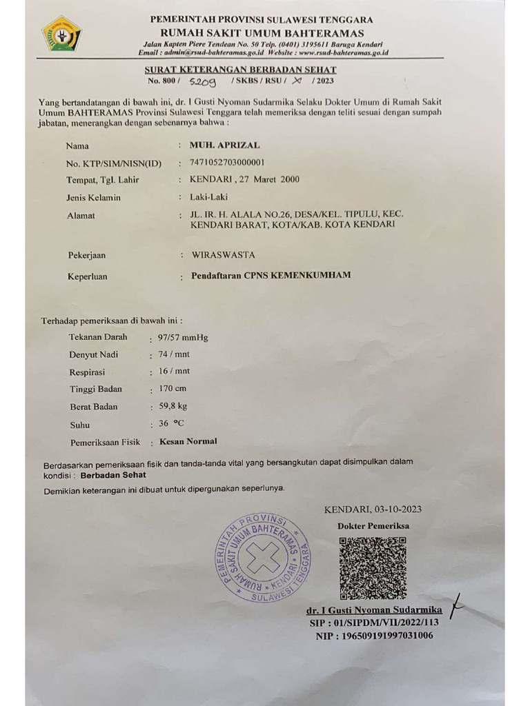Surat Keteranga Sehat Muh Aprizal | PDF