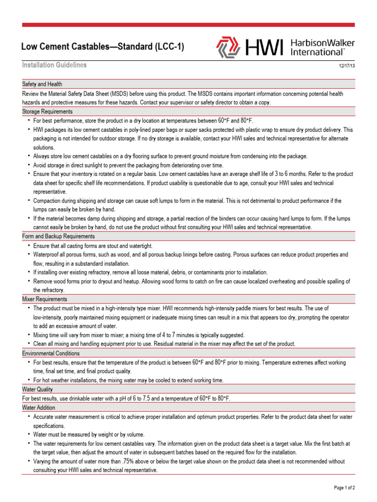 Installation LCC1 Low Cement Castables - Standard | PDF | Water ...