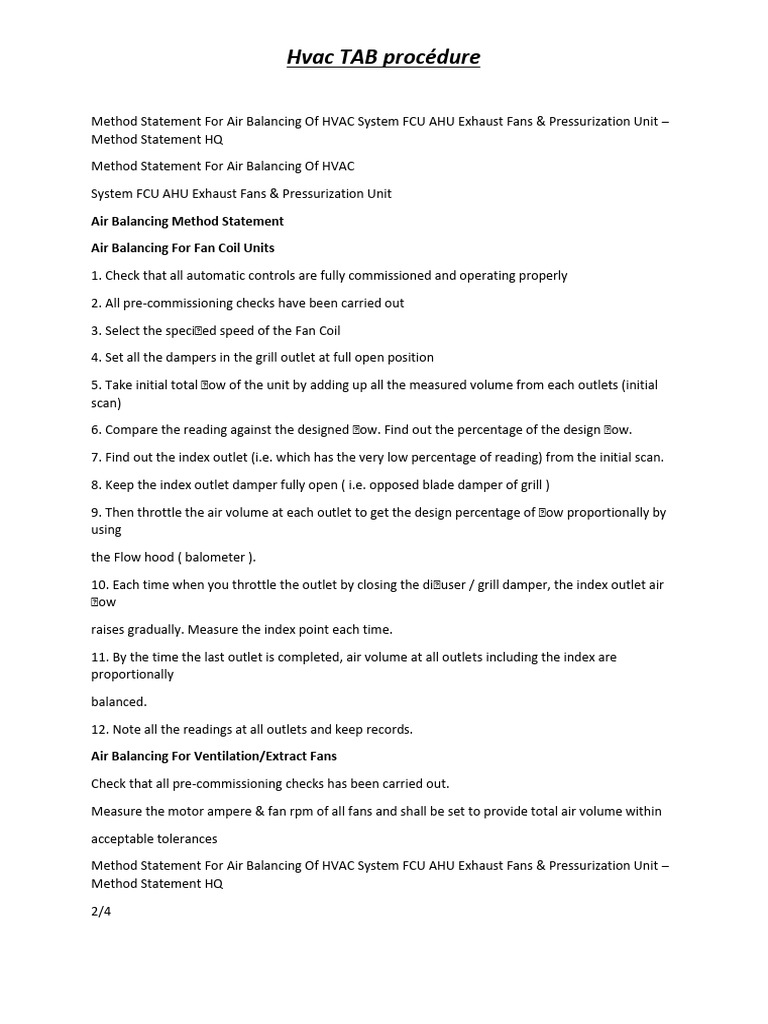 HVAC Air Balancing Method Statement | PDF | Duct (Flow) | Chemical ...