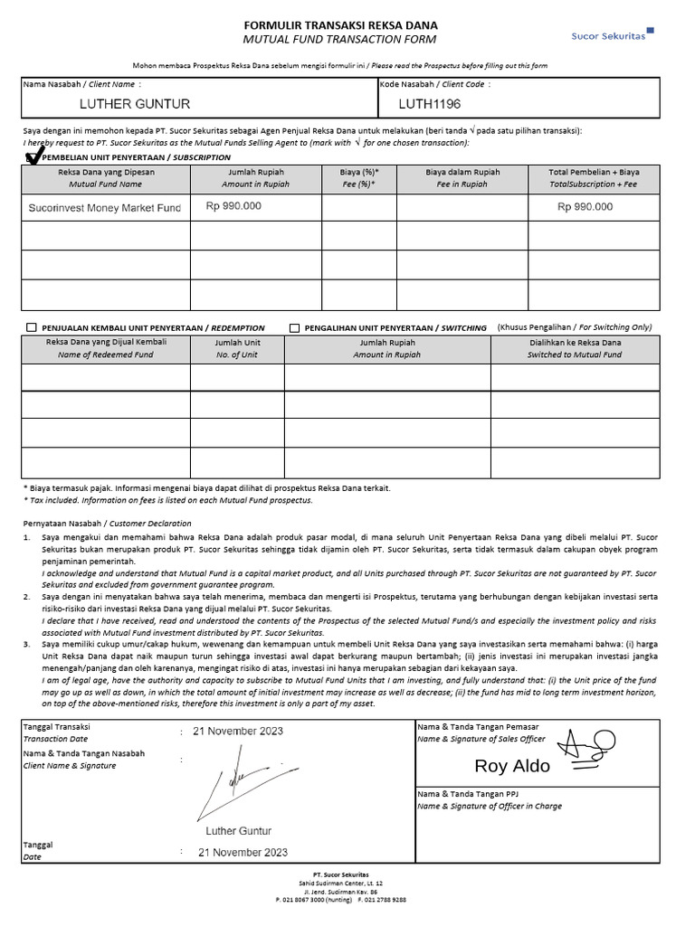 Formulir Transaksi Reksa Dana | PDF | Bisnis