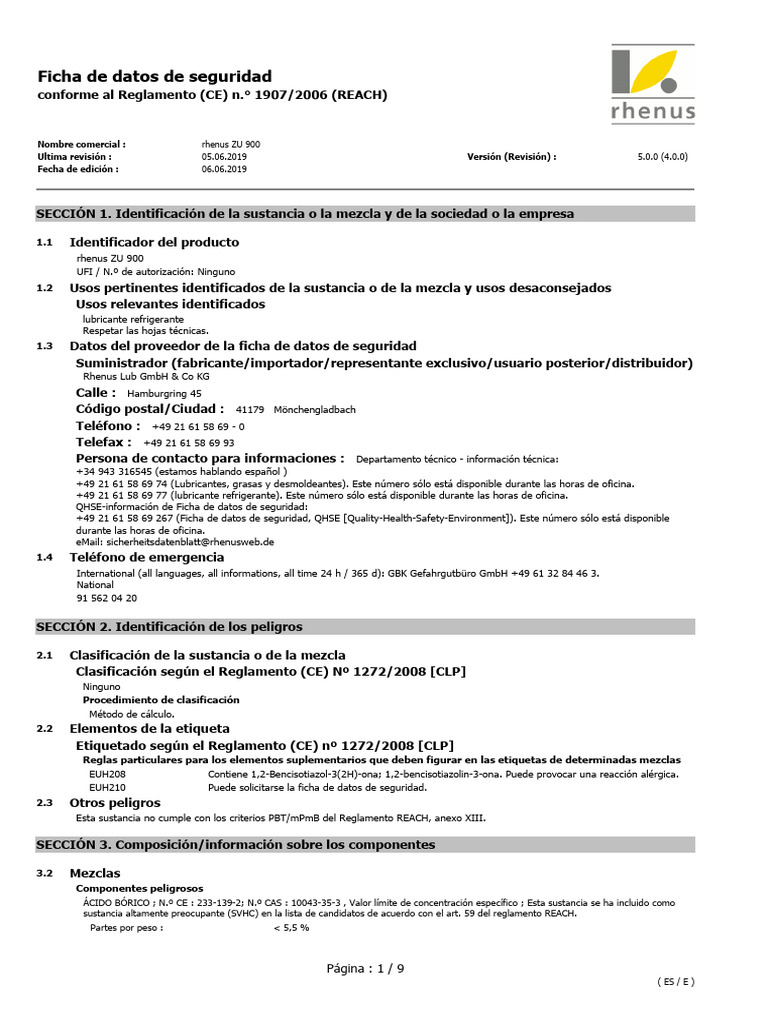 Ficha Seguridad rhenus ZU 900 | PDF | Residuos | Toxicidad