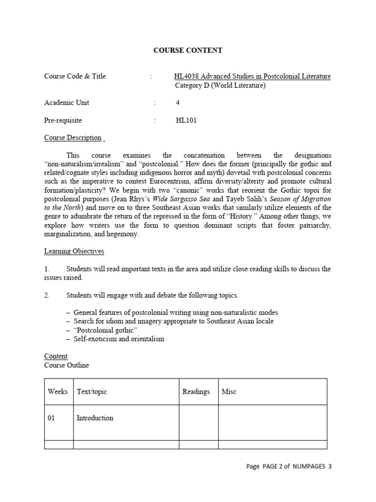 Advanced Postcolonial Literature Course | PDF | Language Arts ...
