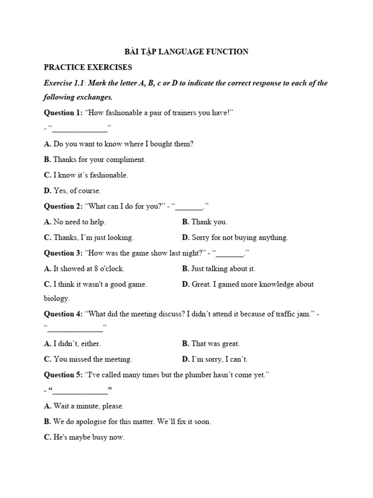 LANGUAGE FUNCTION bài tập | PDF