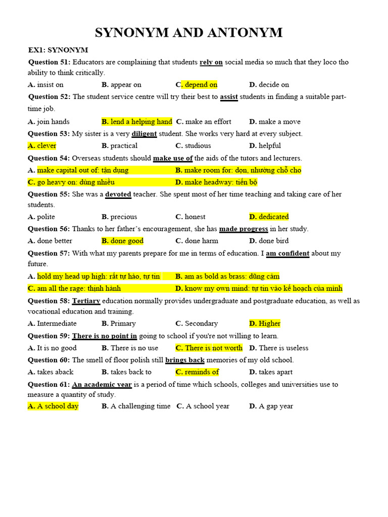 Synonym and Antonym 1 Key | PDF | Teachers
