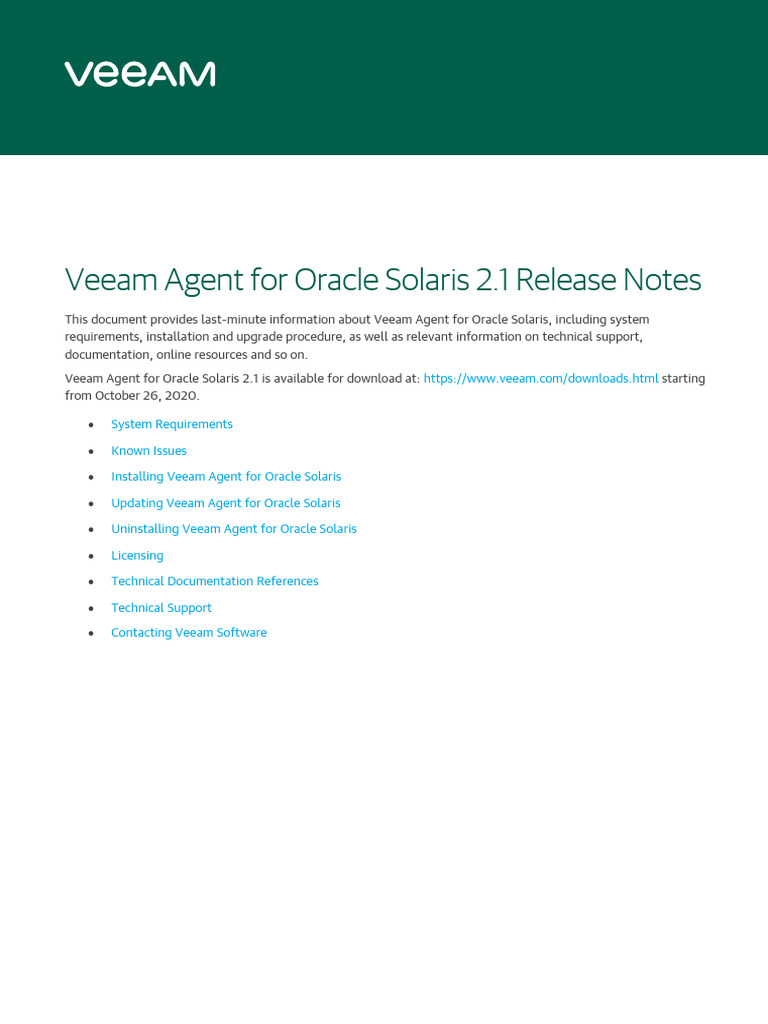 Veeam Agent Oracle Solaris 2 1 Release Notes Pdf Backup Operating System