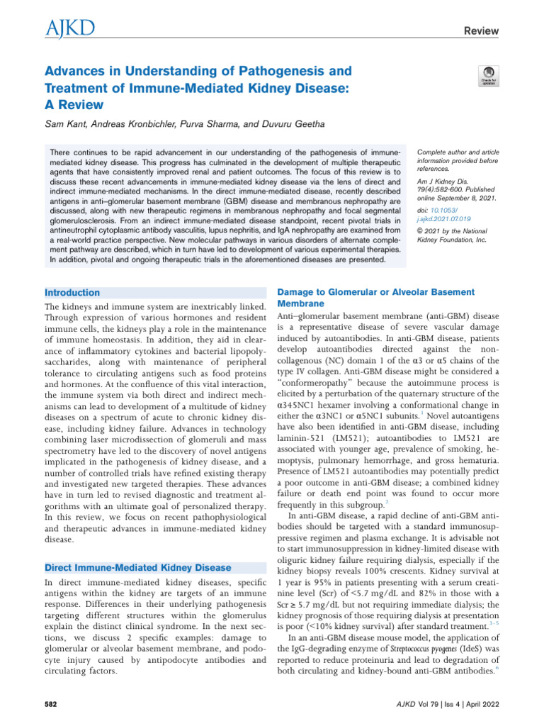 Advances in Understanding of Pathogenesis and Treatment of Immune-Mediated Kidney Disease: A ...
