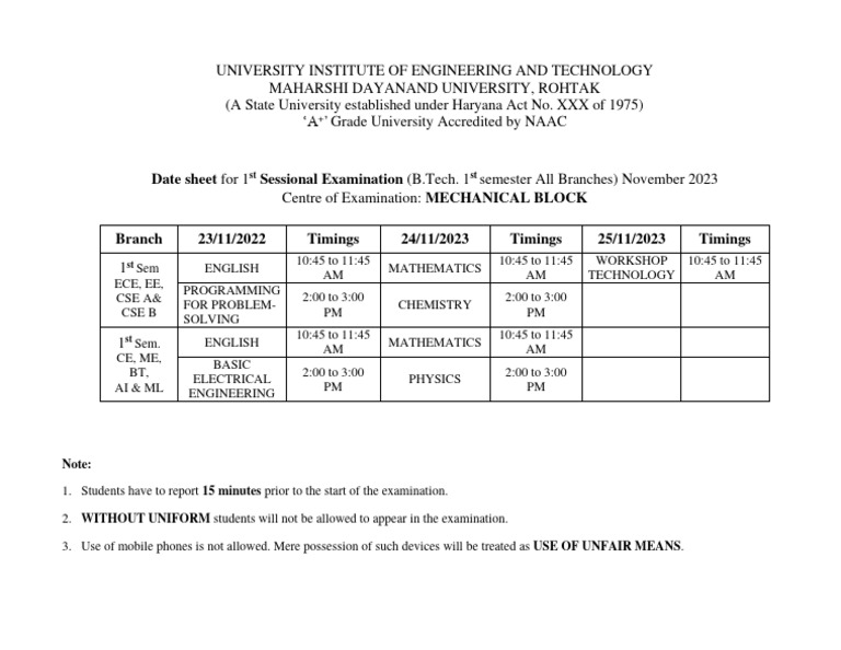 B.Tech 1st Sem Exam Schedule Nov 2023 | PDF