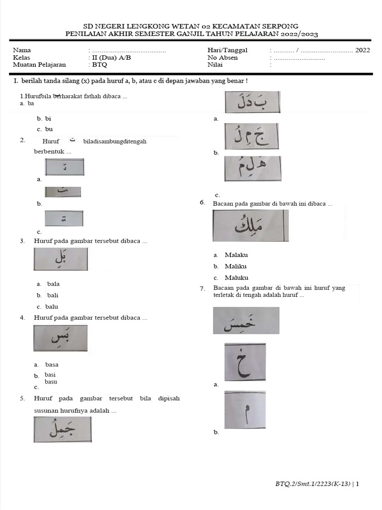 PDF Soal Pas BTQ Kelas 2 | PDF