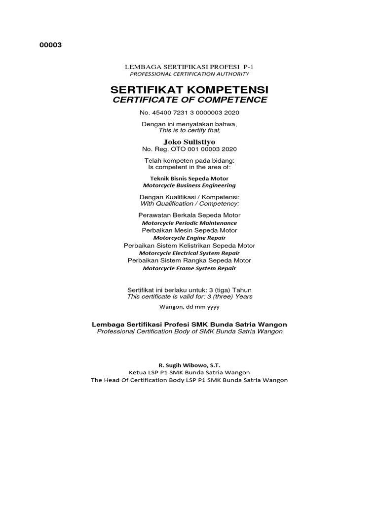 27 - Draft Sertifikat LSP TBSM Gabung | PDF