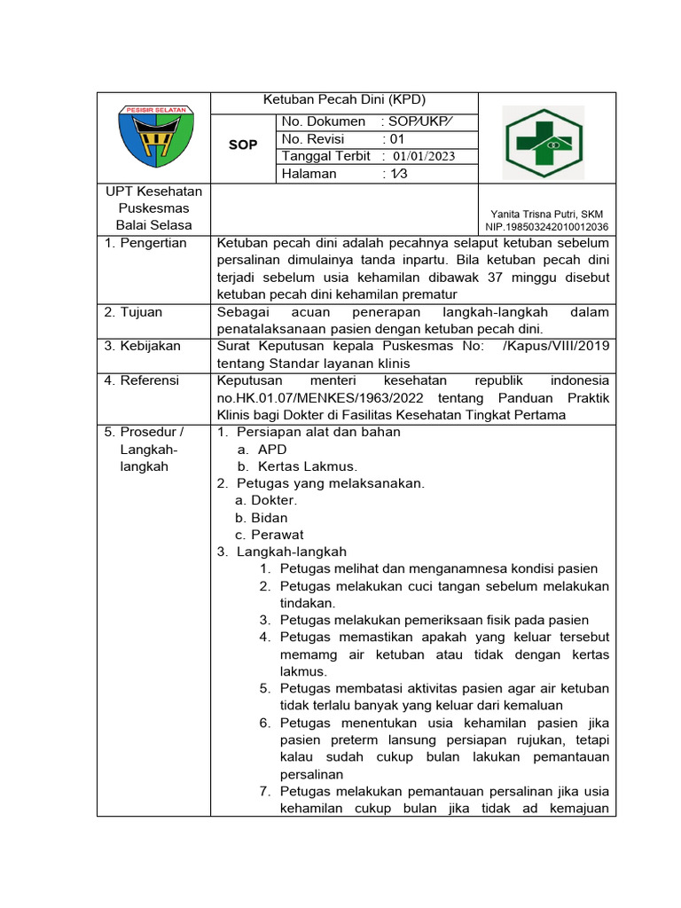 SOP Ketuban Pecah Dini | PDF