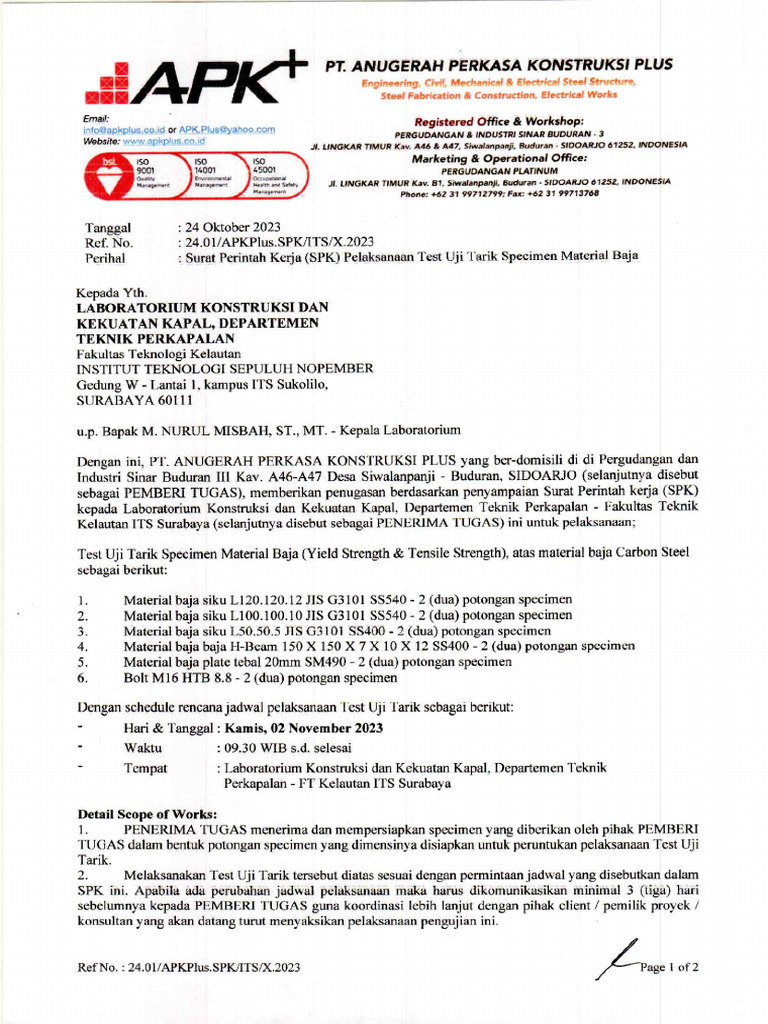 SPK - Its - Uji Tarik Material Batu Hijau (Apkp.167 & 171) | PDF SPK - Its - Uji Tarik Material Batu Hijau (Apkp.167 & 171) | PDF