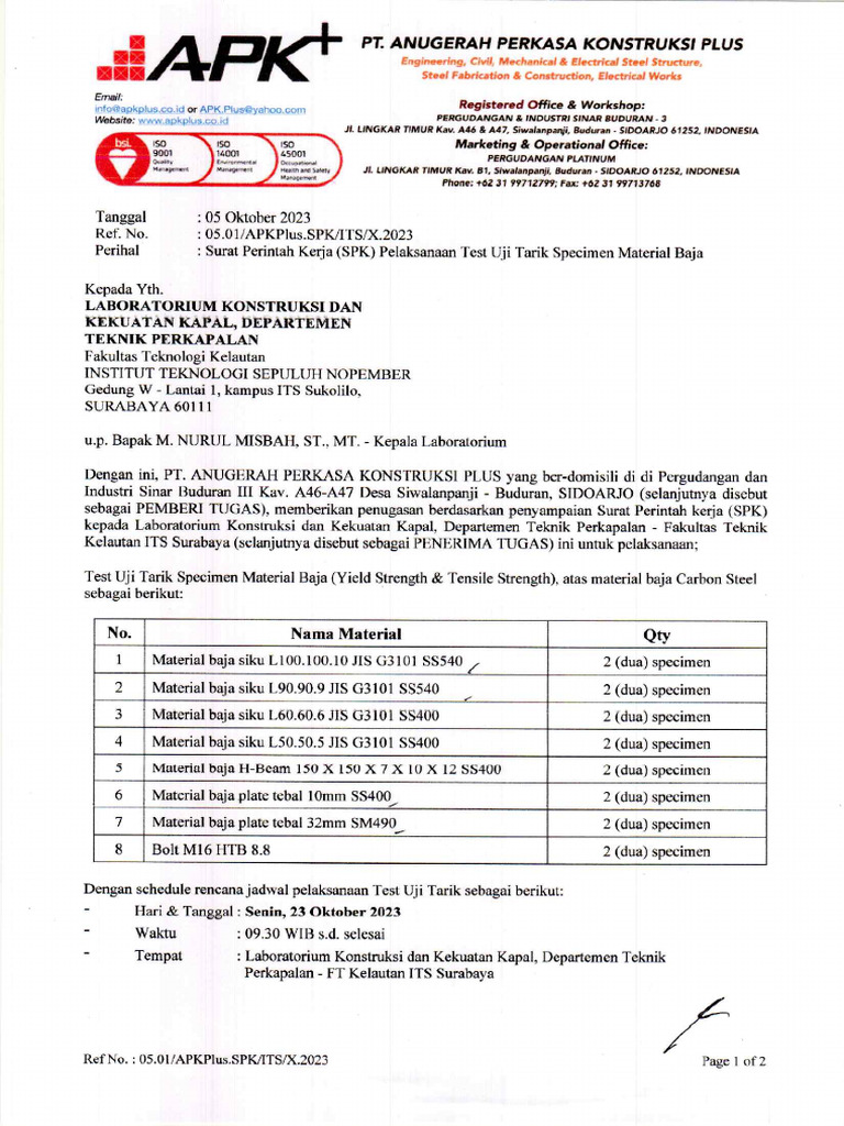 SPK - Uji Tarik Material 150kV Kolaka Substation (APKP. 169) | PDF SPK - Uji Tarik Material 150kV Kolaka Substation (APKP. 169) | PDF