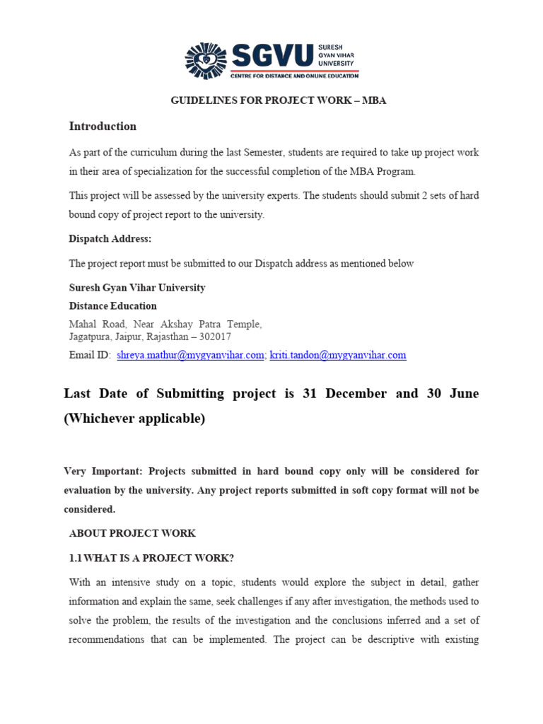 Mba - Guidelines For Project Work - Sgvu | PDF | Cognition
