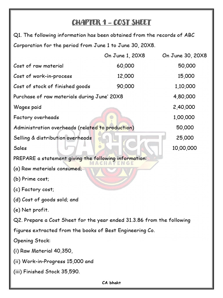 Cost Sheet Questions Fastrack | Download Free PDF | Cost | Cost Of ...