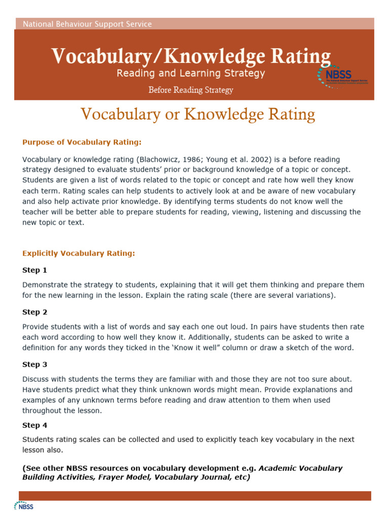 Vocabulary Rating Comprehension Strategy | PDF | Vocabulary | Knowledge