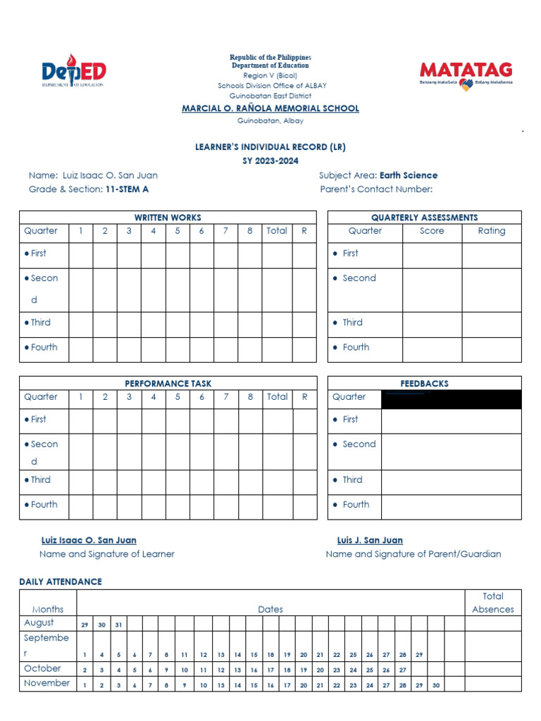 Individual Learner's Record (LR) Template | PDF | Academic Term | Schools