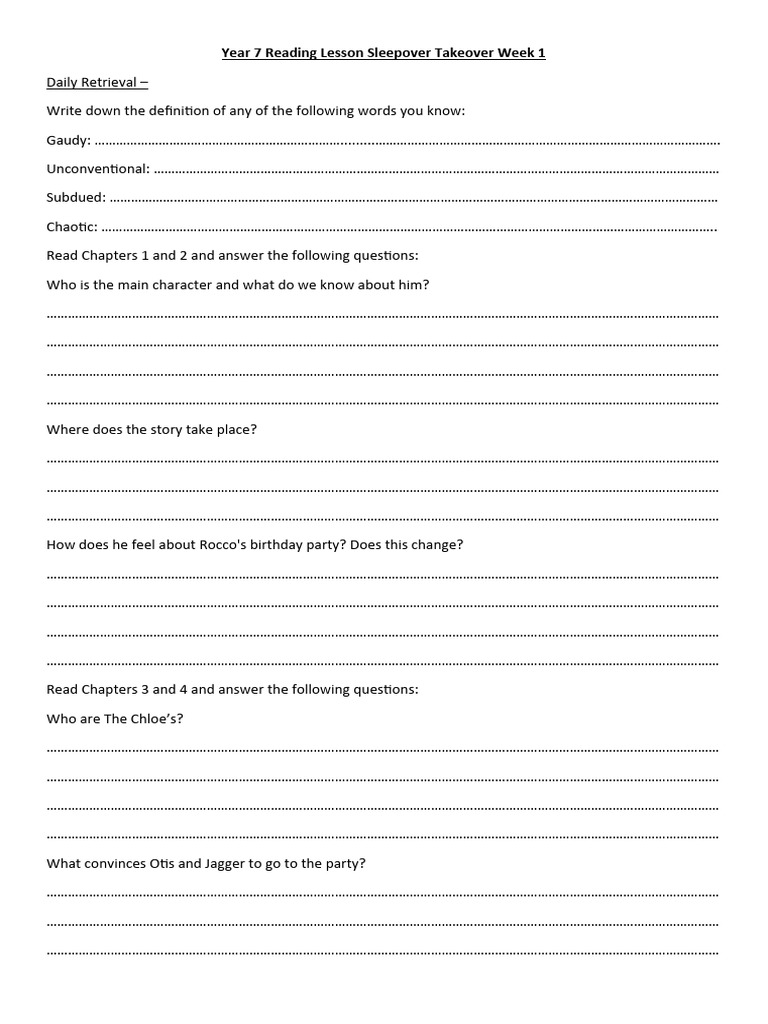 Year 7 Reading Lesson Week 1 Sleepover Takeover | PDF