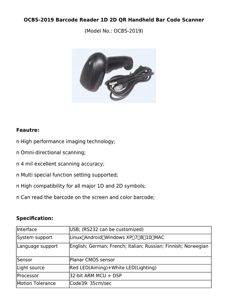 OCBS 2019 Barcode Reader 1D 2D QR Handheld Bar Code Scanner | PDF | Barcode | Input/Output