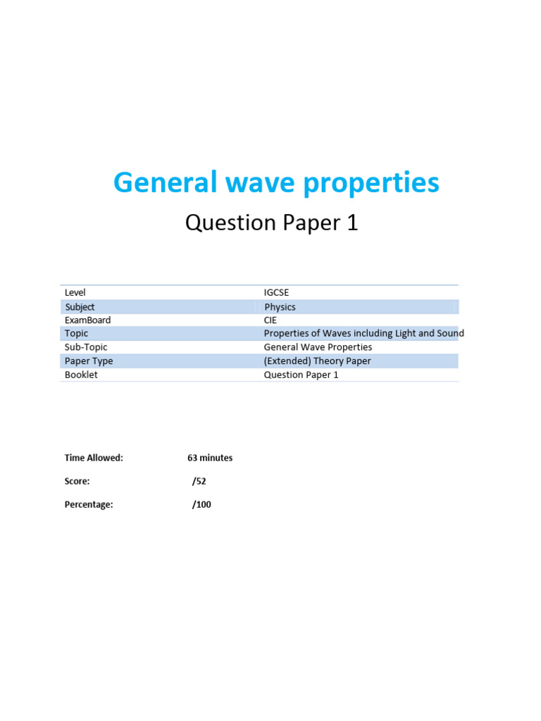 31.1-General Wave Popeties-Cie Igcse Physics Ext-Theory-qp | PDF | Waves | Sound