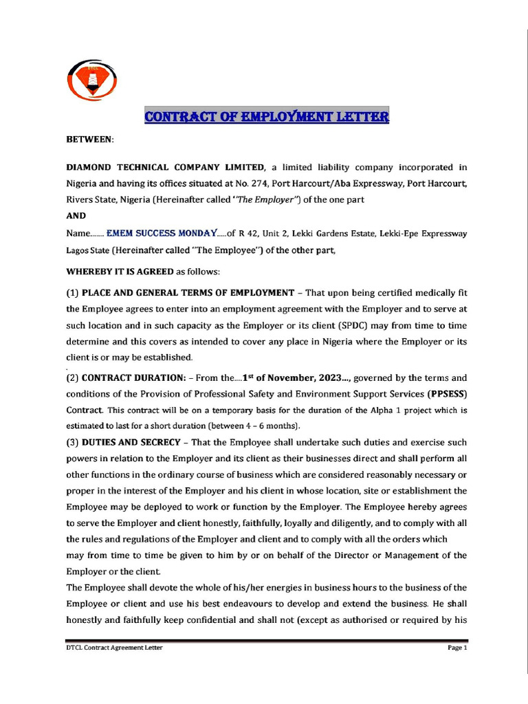 Contract of Employment Letter Miss Emem | PDF