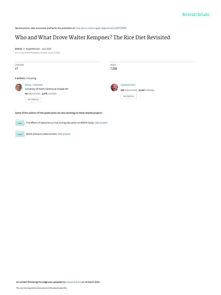 Who and What Drove Walter Kempner The Rice Diet Re | PDF | Kidney ...