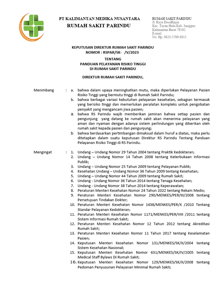 Panduan Pelayanan Risiko Tinggi RS Parindu | PDF | Kesehatan Holistik