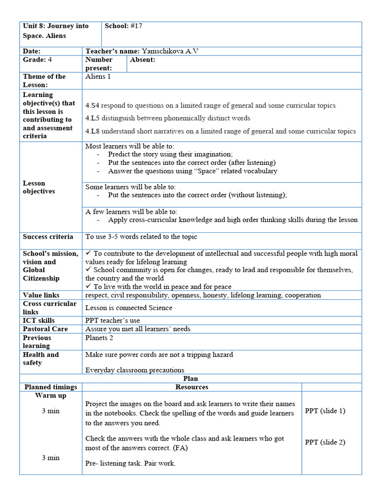 English Grade 4 Unit 7 Journey Into Space LP - Aliens 1 | Download Free ...