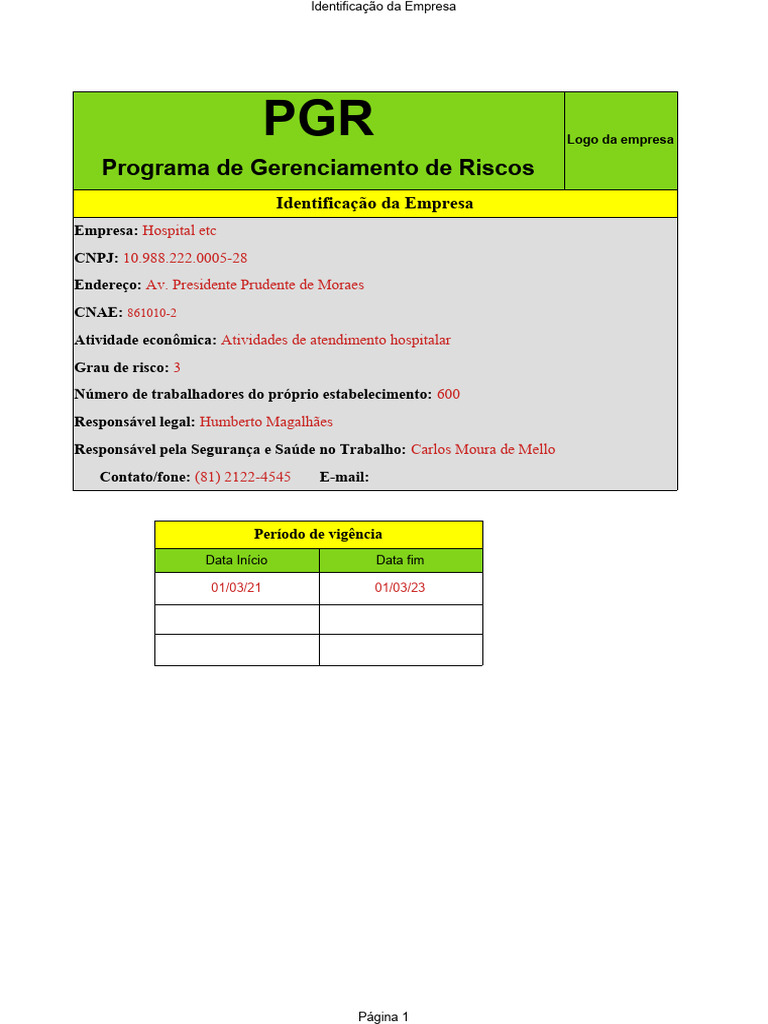 Planilha para Elaboração Do PGR-GRO | Download grátis PDF | Queimadura ...