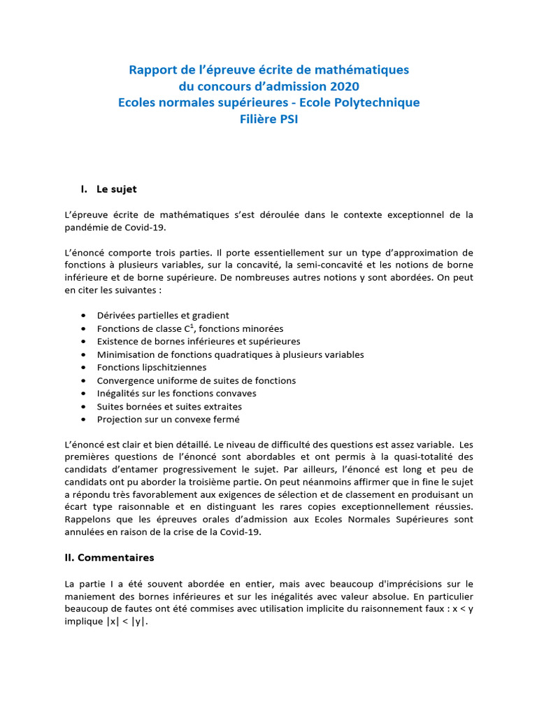 2020 Rapport Ecrit PSI Maths | PDF | Analyse mathématique | Mathématiques