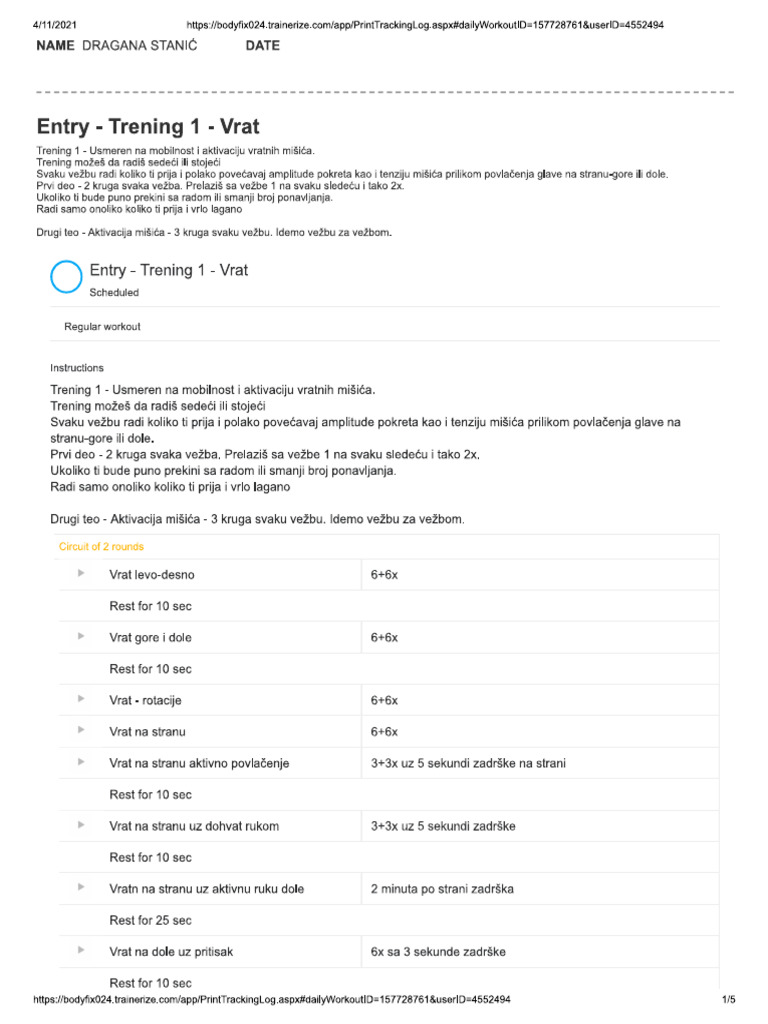 Entry - Trening 1 - Vrat | PDF