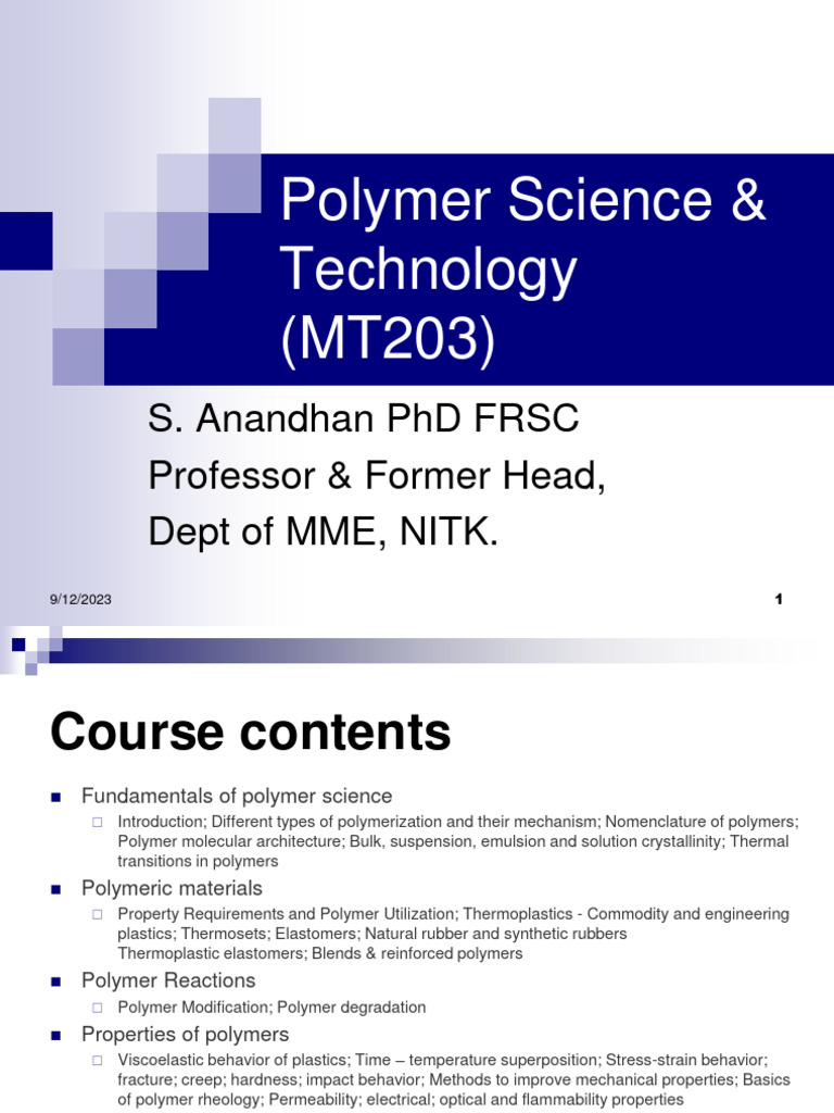 Fundamentals of Polymers - MT203 | PDF | Polymerization | Polymers