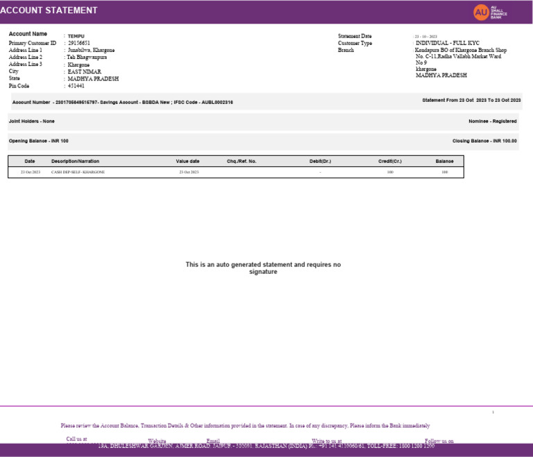 Au Dummy Statement | PDF | Economies | Financial Services