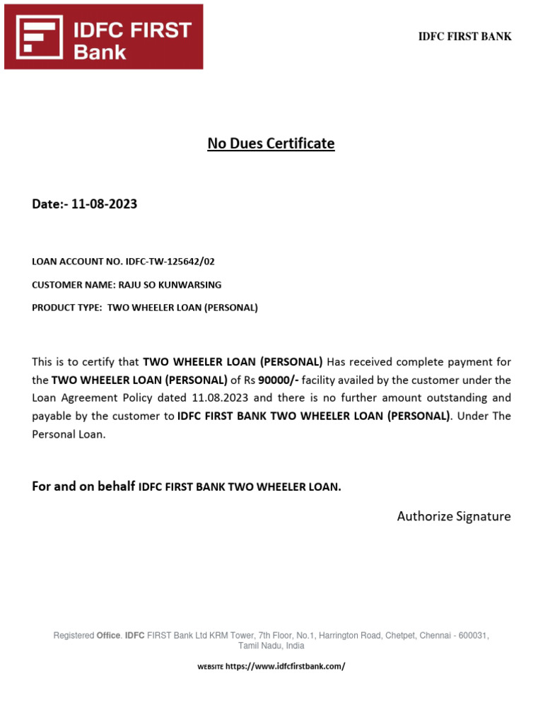 IDFC Two Wheeler Loan No Dues Certificate | PDF | Finance & Money ...