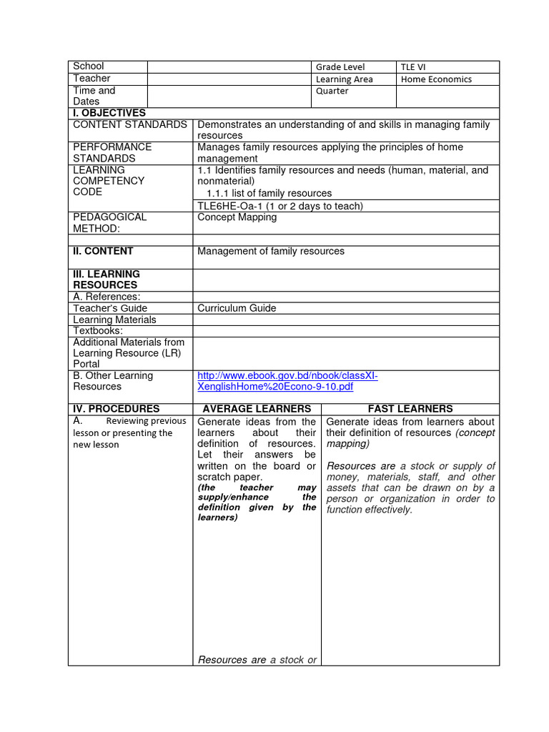 Family Resource Management for Grade 6 | PDF | Learning | Teachers