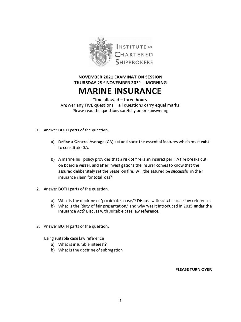 Marine Insurance Exam Questions 2021 | PDF | Insurance | Private Law