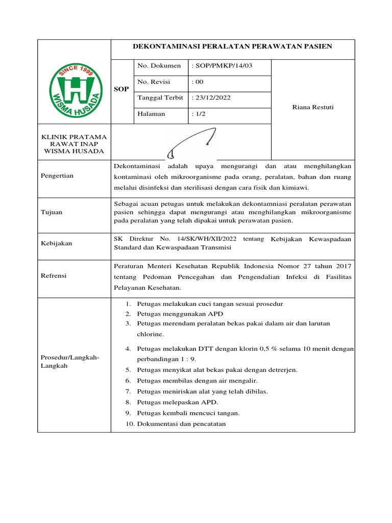 Sop Dekontaminasi Peralatan Perawatan Pasien REVISI | PDF