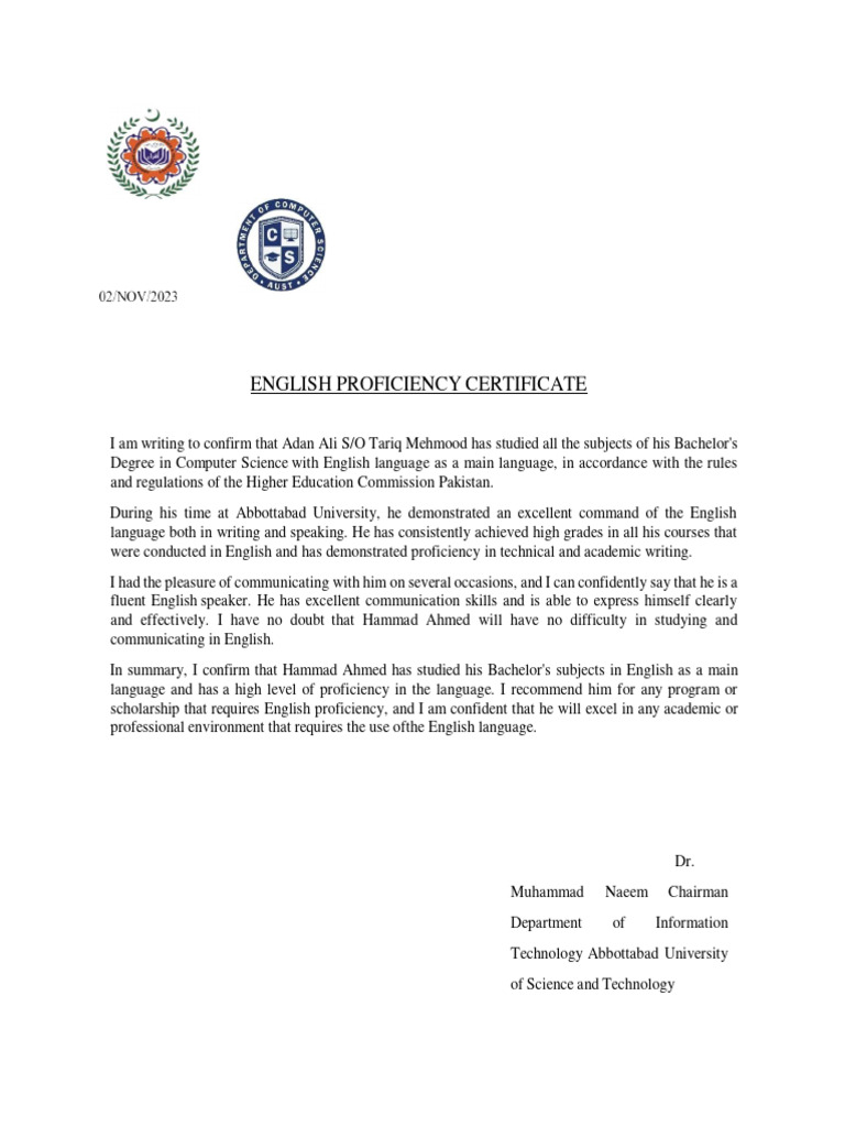 English Proficiency Certificate for Adan Ali | PDF