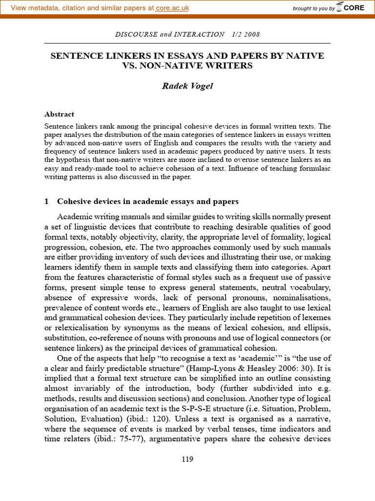Sentence Linkers in Essays and Papers by Native vs. Non-Native Writers ...